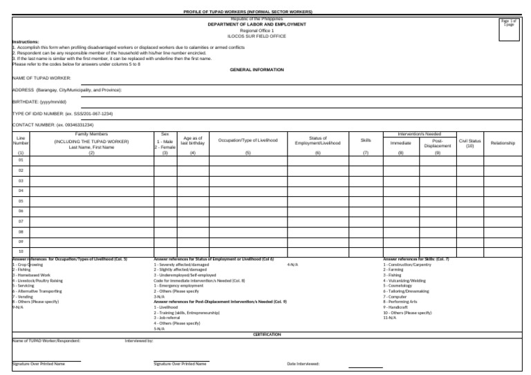 TUPAD Profiling Form RevSept2023 | PDF | Labor | Employment