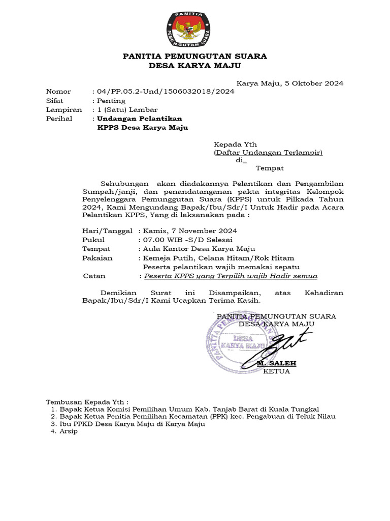 Undangan Pelantikan KPPS Pada Pilkada 2024 | PDF