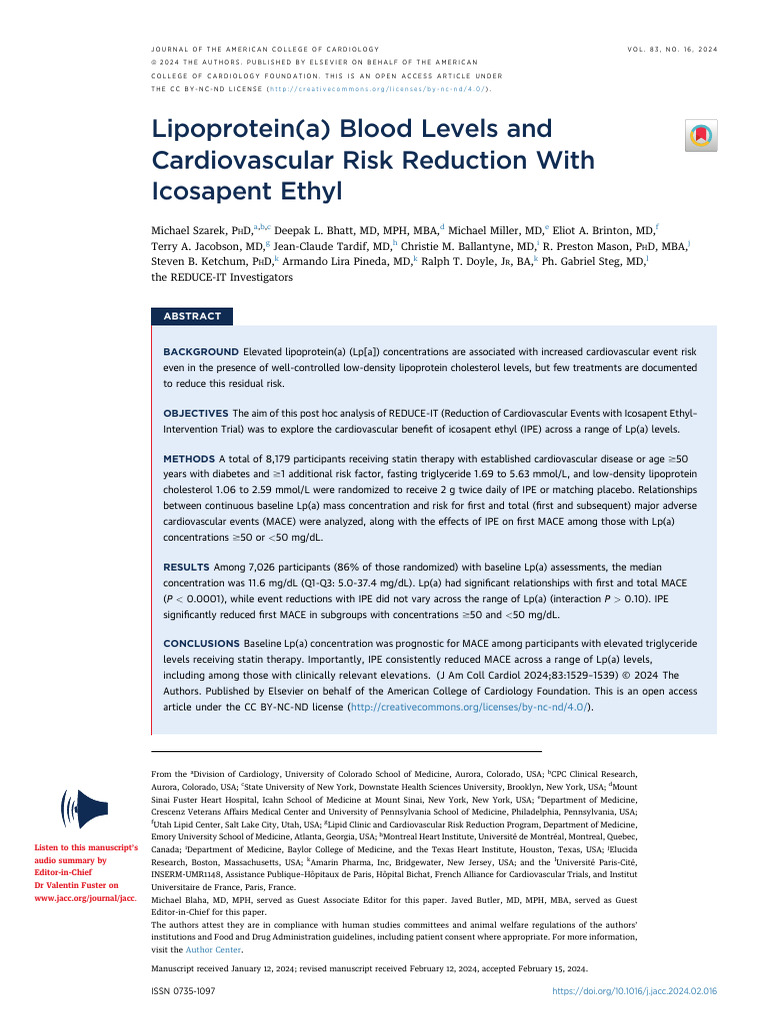 Lipoprotein (A) Blood Levels and Cardiovascular Risk Reduction With ...
