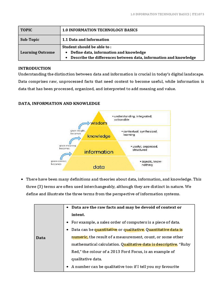 1.0 INFORMATION TECHNOLOGY BASICS NEW Ict | PDF | Information | Data