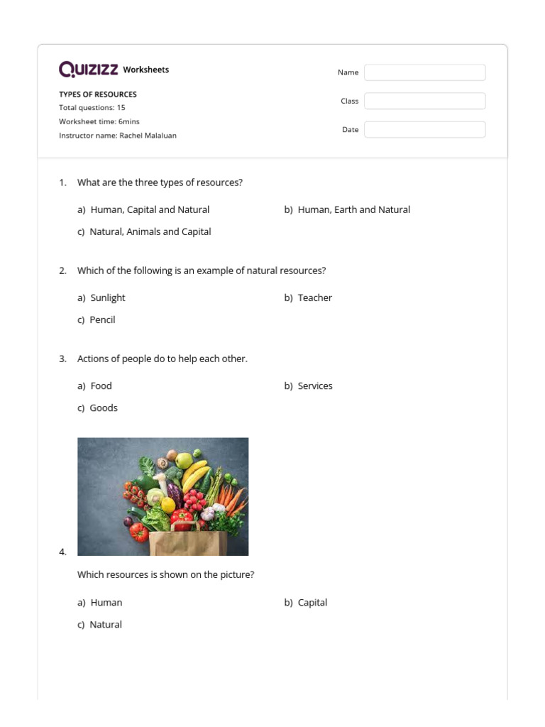 Types of Resources Worksheet for Students | PDF | Science & Mathematics