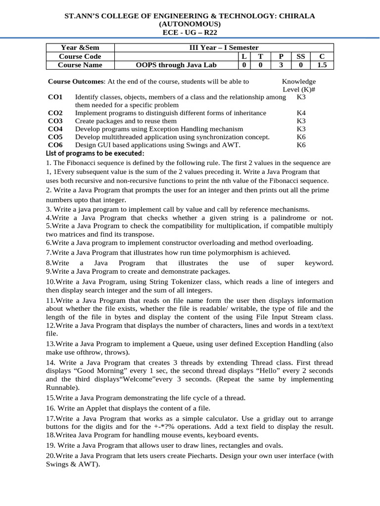 OOPS Through Java Lab Manual - Student | PDF | Java (Programming Language) | Sequence