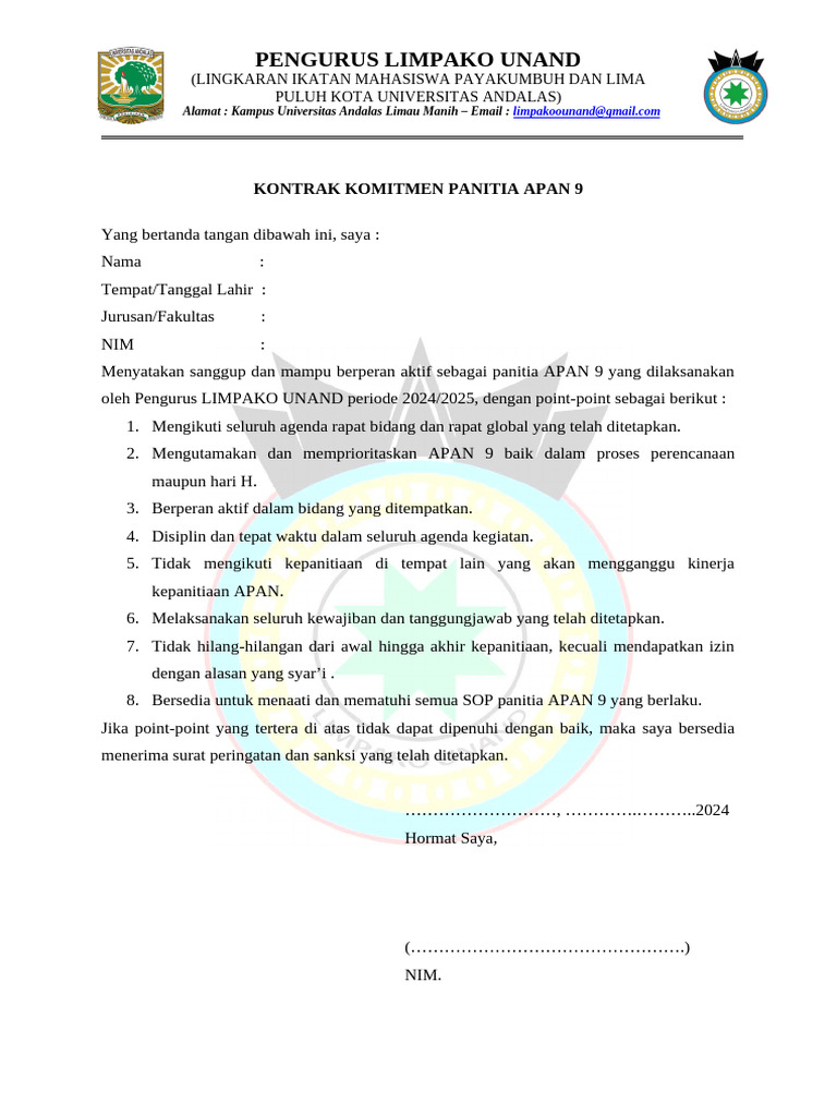 Surat Komitmen Panitia APAN 9 | PDF