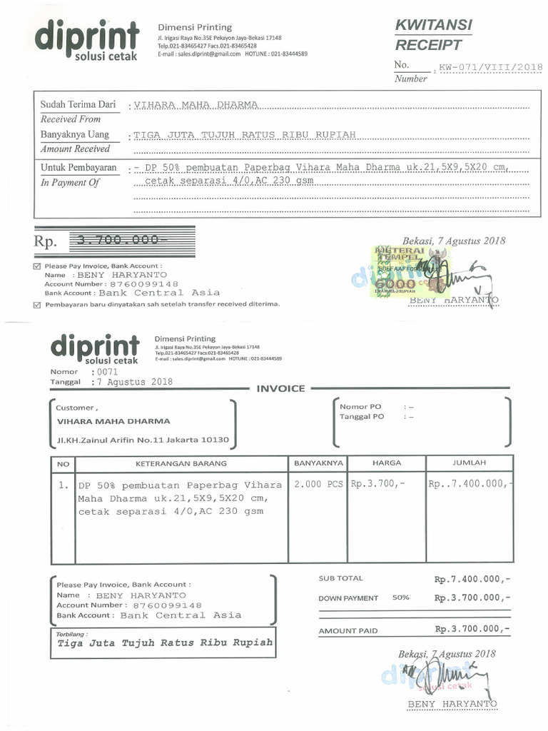 Invoice & Kwitansi Vihara Maha Dharma | PDF