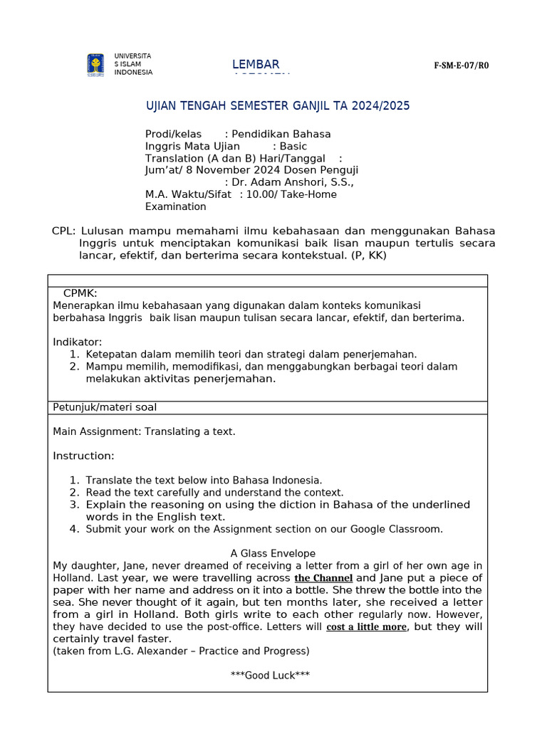 Basic Translation Midterm Exam 2024 | PDF