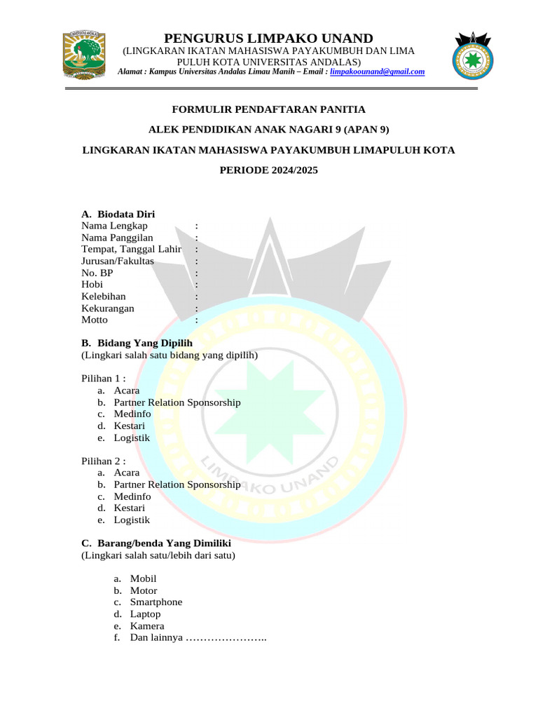 Formulir Pendaftaran Panitia APAN 9 (1) | PDF