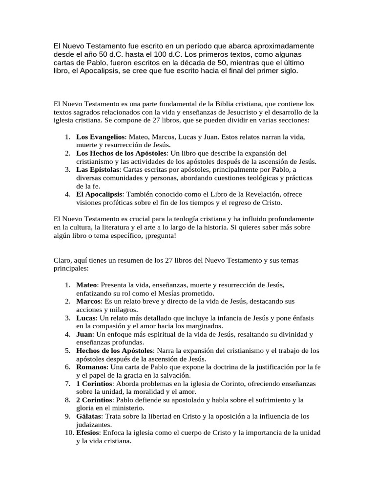 Resumen de los 27 Libros del Nuevo Testamento | PDF | Jesús | Evangelio ...