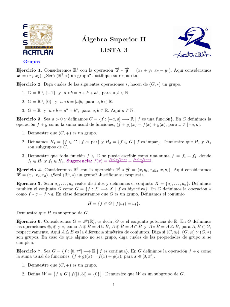 Lista3 Algebra SuperiorII | PDF | Matemática Elemental | Teoría de los ...