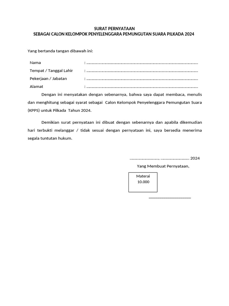 Surat Pernyataan Calistung KPPS | PDF