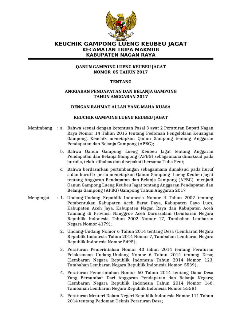 Qanun Gampong APBG TA. 2017 | PDF