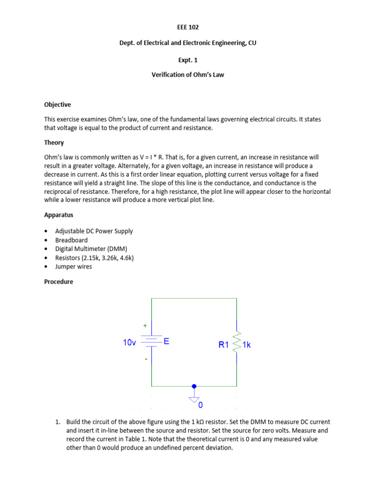 EEE 102 Expt 1 Ohms Law. | PDF | Electrical Resistance And Conductance ...