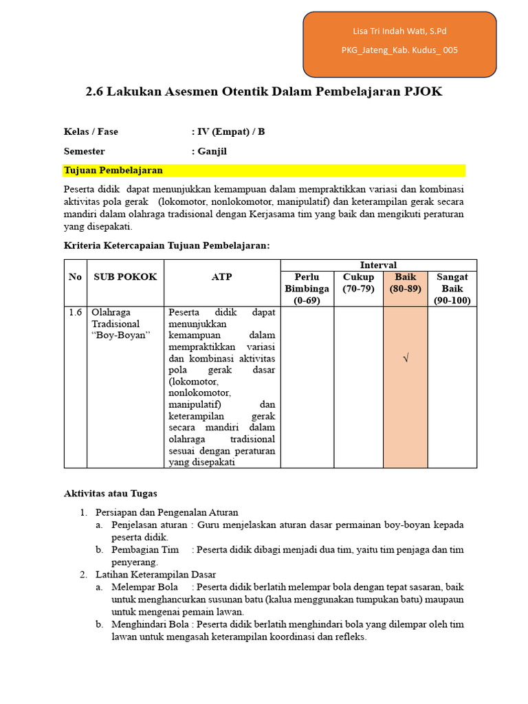 2.6 Lakukan - Asesmen Otentik Dalam Pembelajaran PJOK - Lisa Tri Indah ...