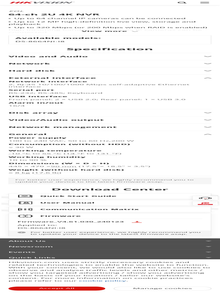 DS-8664NI-I8 NVR Specifications | PDF