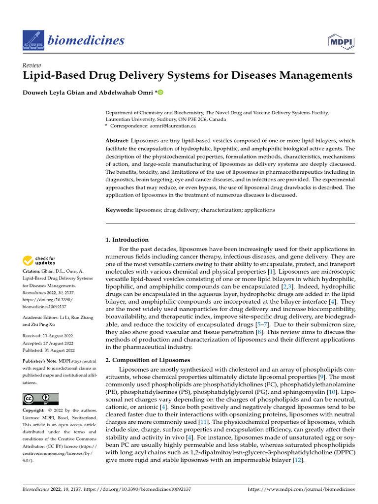 Lipid-Based Drug Delivery Systems For Diseases Man | PDF | Liposome | Lipid Bilayer