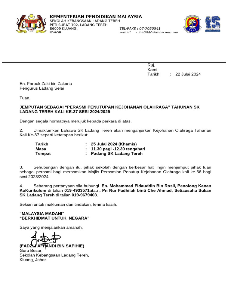 Surat Jemputan Perasmi Sukan 2024 | PDF