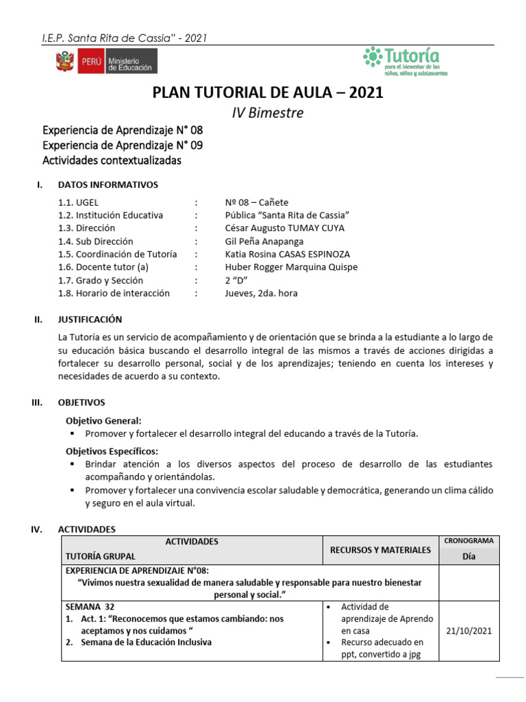 Plan Tutorial de Aula 3 Bim | PDF | Aprendizaje | Salón de clases