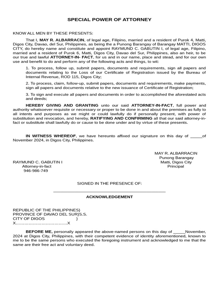 Special Power of Attorney Digos | PDF | Power Of Attorney | Common Law