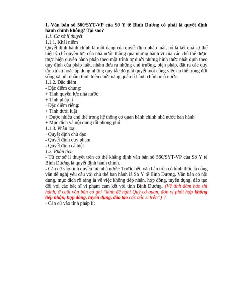 1.1. Cơ sở lí thuyết: 1. Văn bản số 560/SYT-VP của Sở Y tế Bình Dương có phải là quyết định hành ...