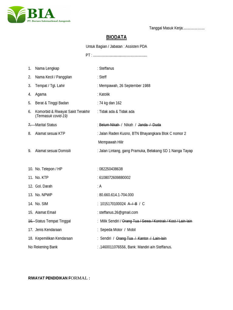 Formulir Isian Pelamar | PDF