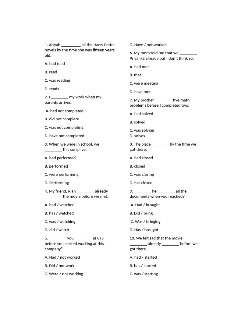 Past Perfect Tense Exercises | PDF