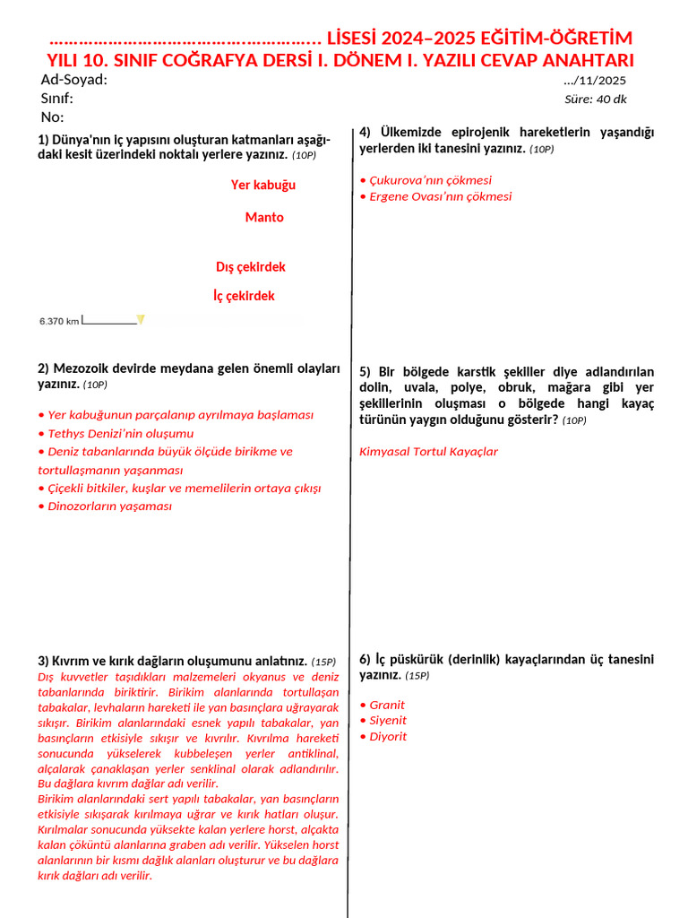 Cografya 10 Sinif 1 Donem 1 Yazili Cevap Anahtari 2024 2025 | PDF