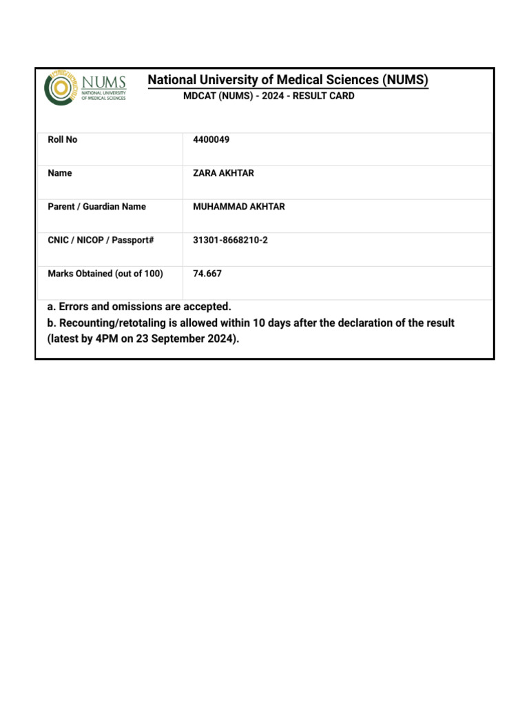Nums Result Card | PDF