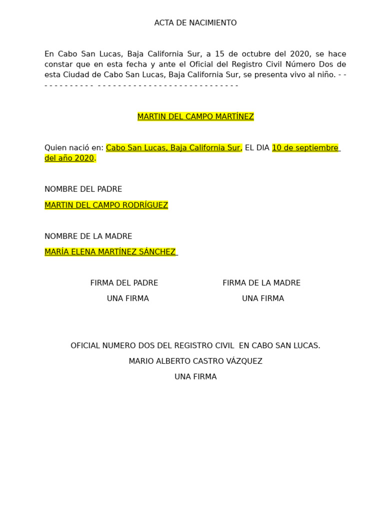 Acta de Nacimiento Ejercicio de Clase | PDF