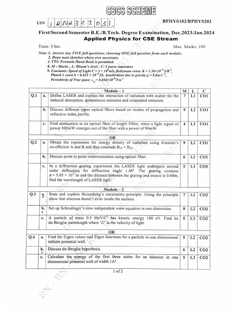 22s-Cse-Full Vtu Question Papers | PDF | Electron | Laser