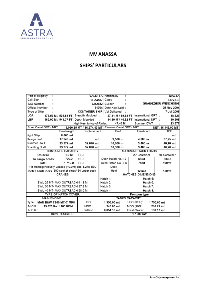 MV ANASSA Ship Specifications Overview | PDF | Shipping | Ships