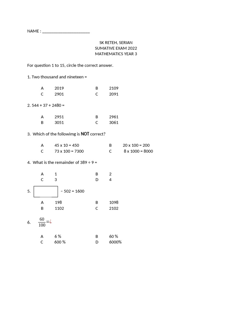 Math Year 3 Sumative Exam | PDF