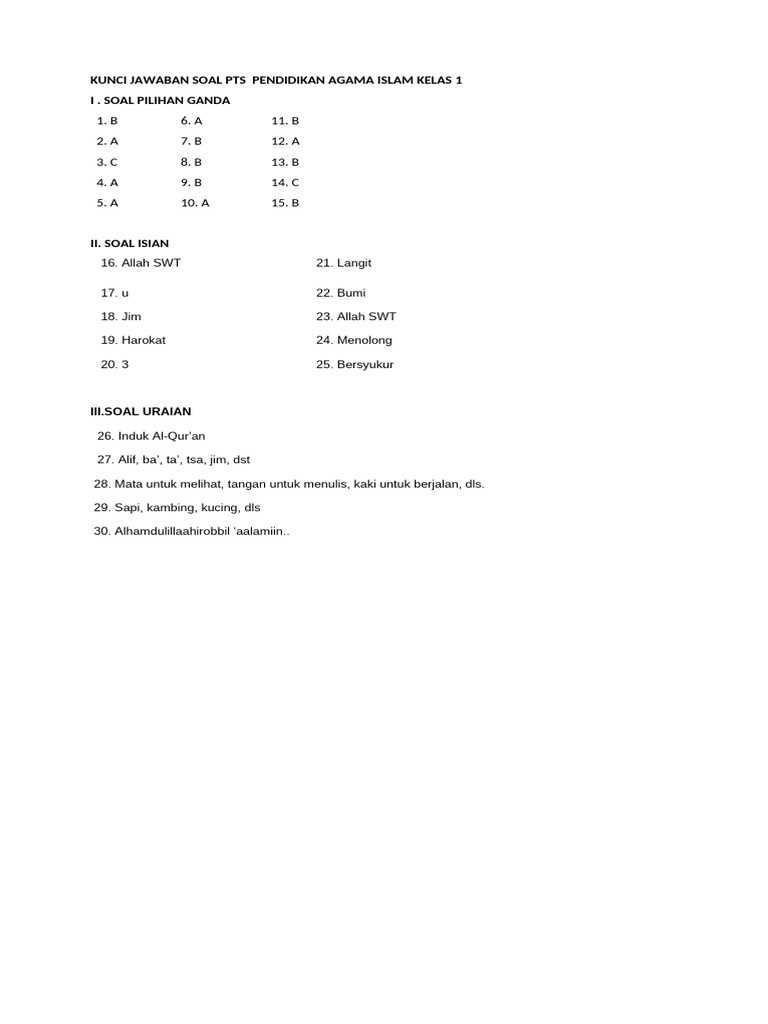 Kunci Jawaban Ats Pai SMT 1 2024 | PDF