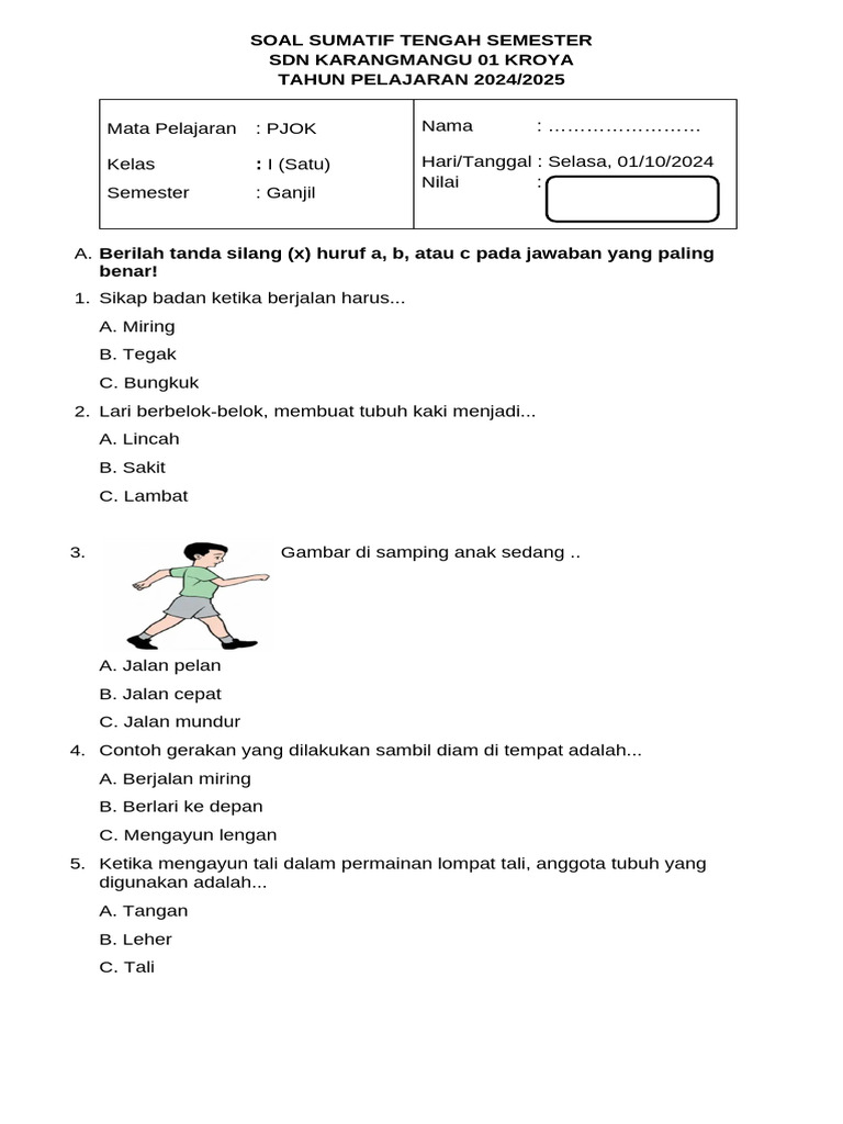 Soal STS PJOK Kelas 1 Semester 1 Tahun 2024 | PDF