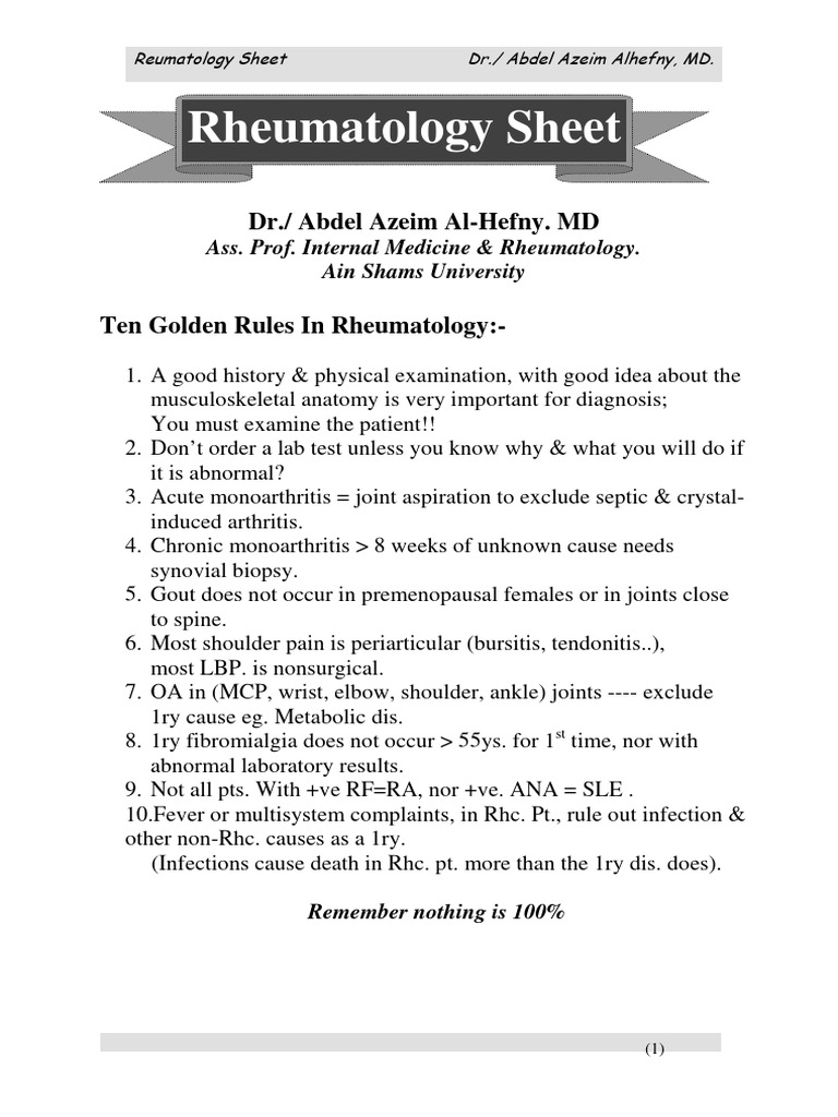 Rheumatology Sheet | PDF | Anatomical Terms Of Motion | Knee