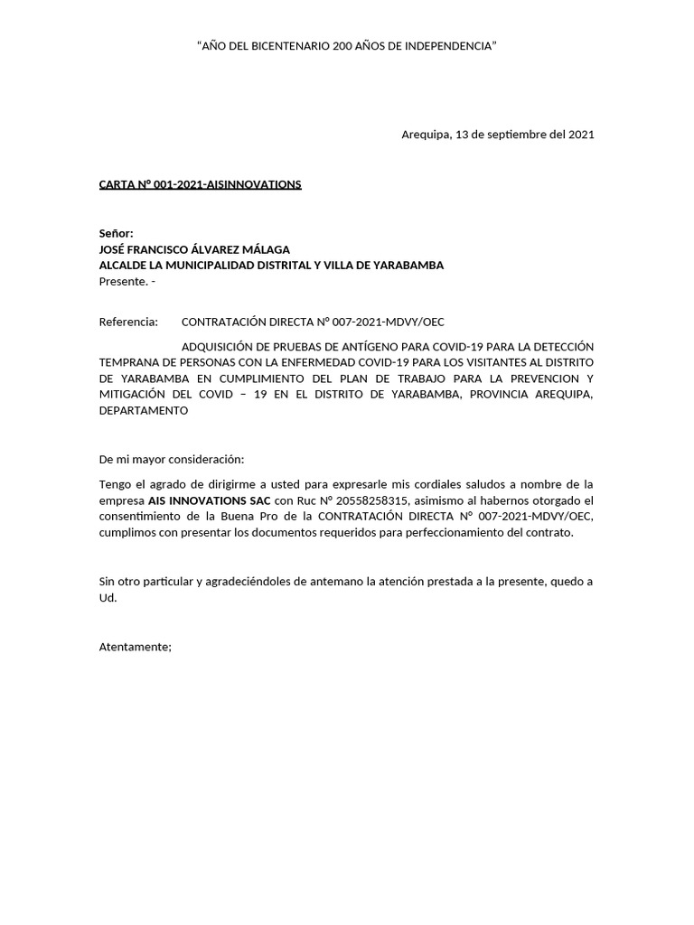 Carta para Firma de Contrato Ais | PDF | Finanzas y administración del ...