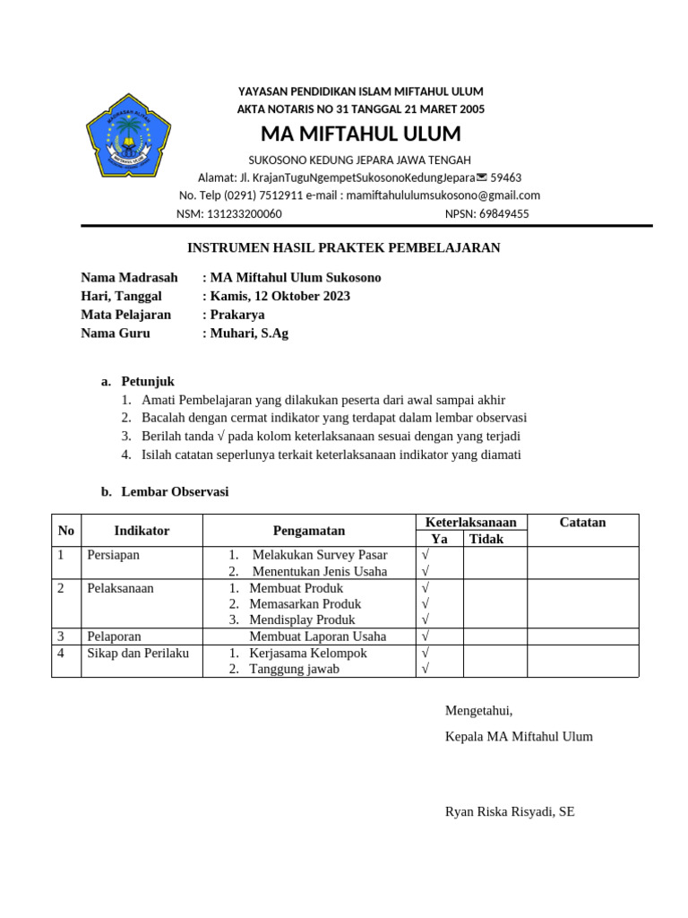 Observasi Pembelajaran Prakarya MA Miftahul Ulum | PDF