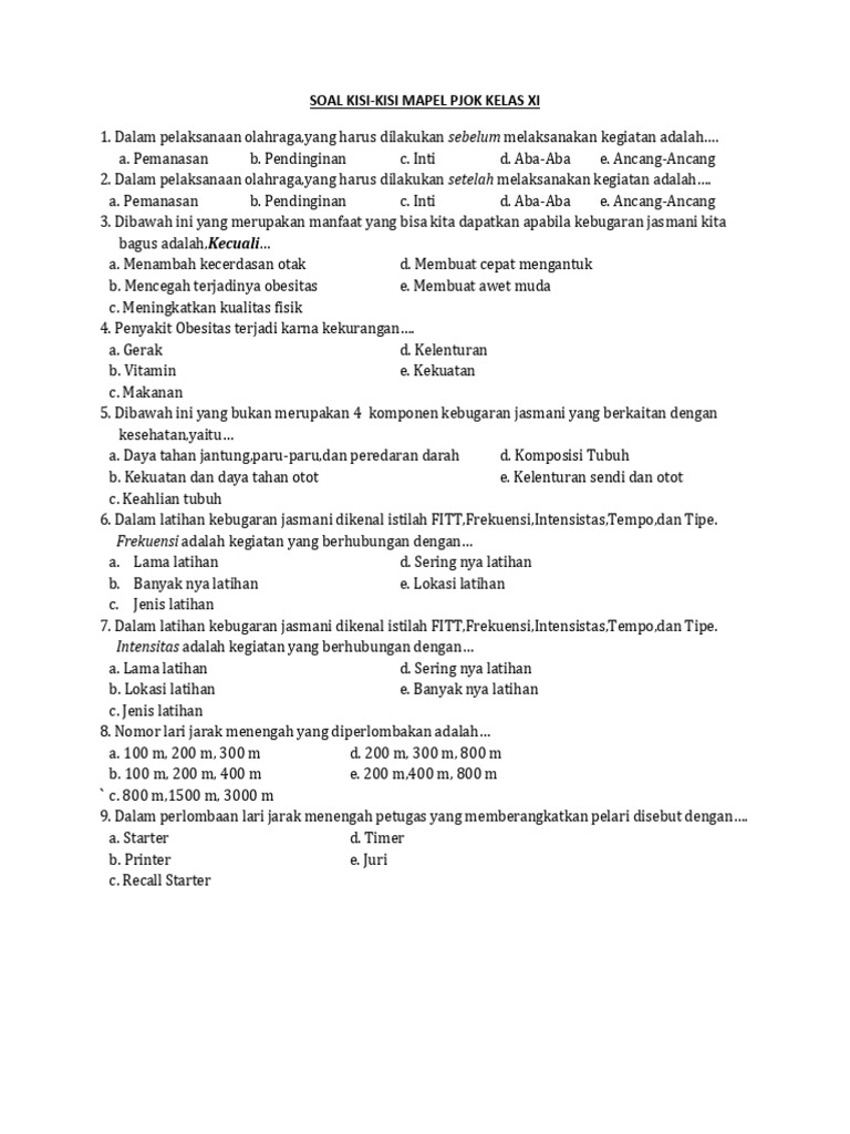 Soal Kisi-Kisi Mapel Pjok Kelas Xi | PDF