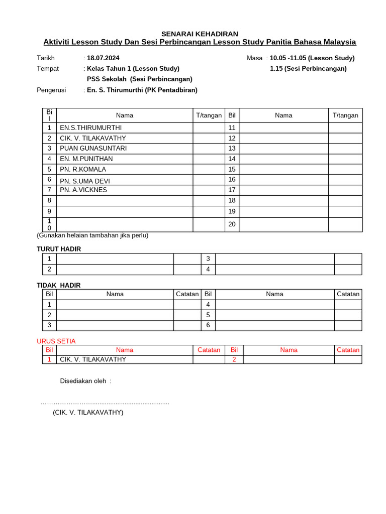 Senarai Kehadiran Lesson Study | PDF