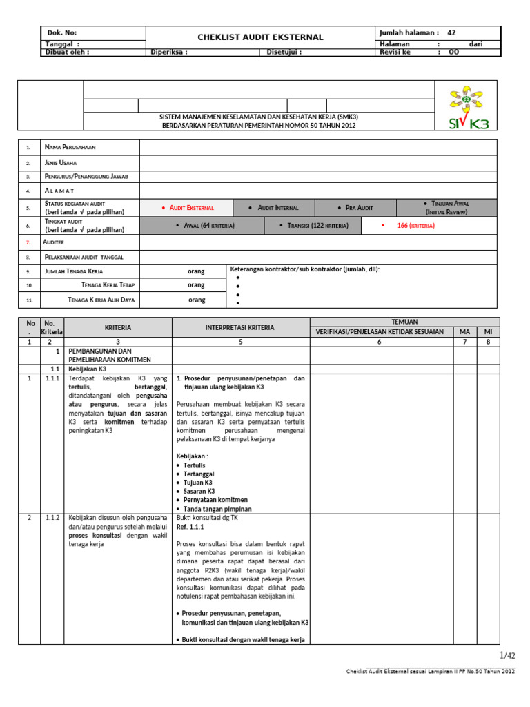 Cek List Detail Interpretasi Kriteria Audit SMK3 | PDF