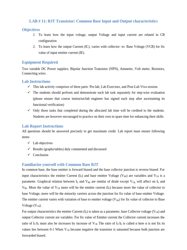Lab 11 BJT Common Base Input and Output Characteristics | PDF | Bipolar ...