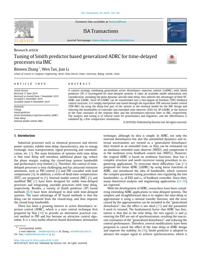 Tuning of Smith Predictor Based Generalized ADRC For Time D - 2020 ...