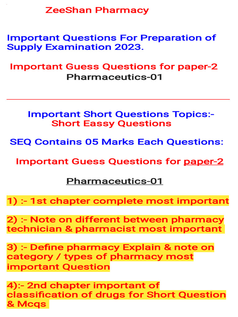Pharmaceutics-01 Important Questions (For Preparation of Supplement Examination 2023-1 | PDF ...
