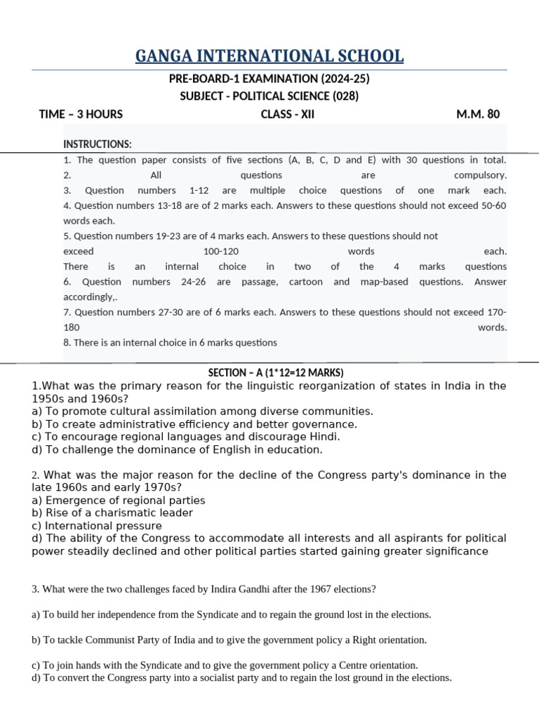 Class 12 Political Science Pre-Board 2024 | PDF | Political Science ...