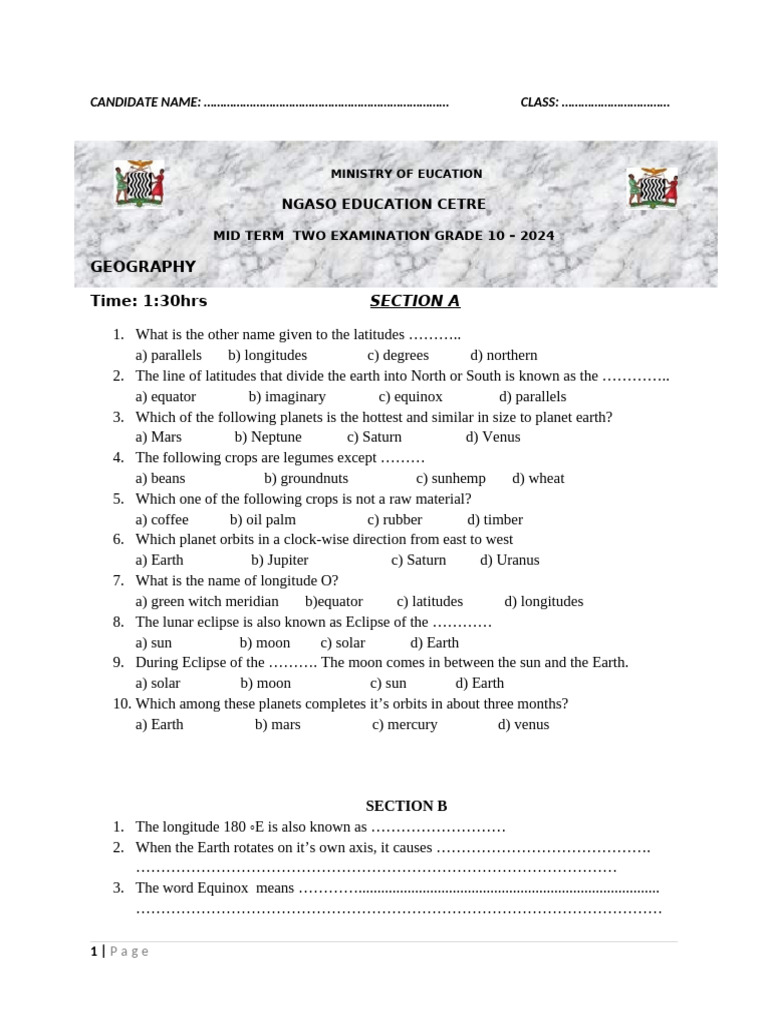Grade 10 Mid Term Two Geography Test 1 | PDF | Eclipse | Planets
