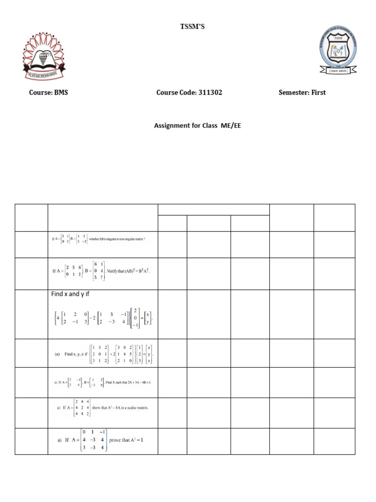 BMS Semester 1 Matrix Assignment 2023 | PDF | Matrix (Mathematics) | Mathematical Concepts
