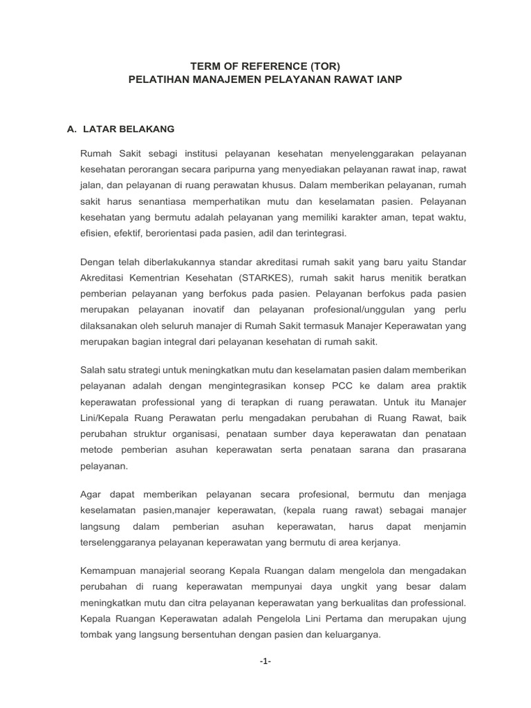 TERM OF REFERENCE (TOR) MANAJEMEN RAWAT INAP (12 Juli 2024) | PDF