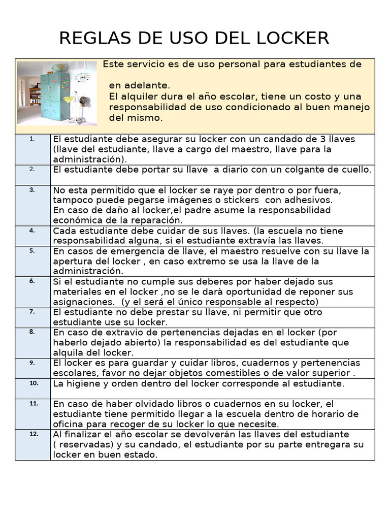 Reglas Del Uso Del Locker | PDF | Salud y bienestar