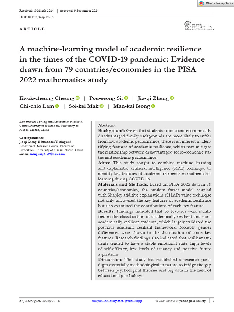 Brit J of Edu Psychol - 2024 - Cheung - A Machine Learning Model of Academic Resilience in The ...