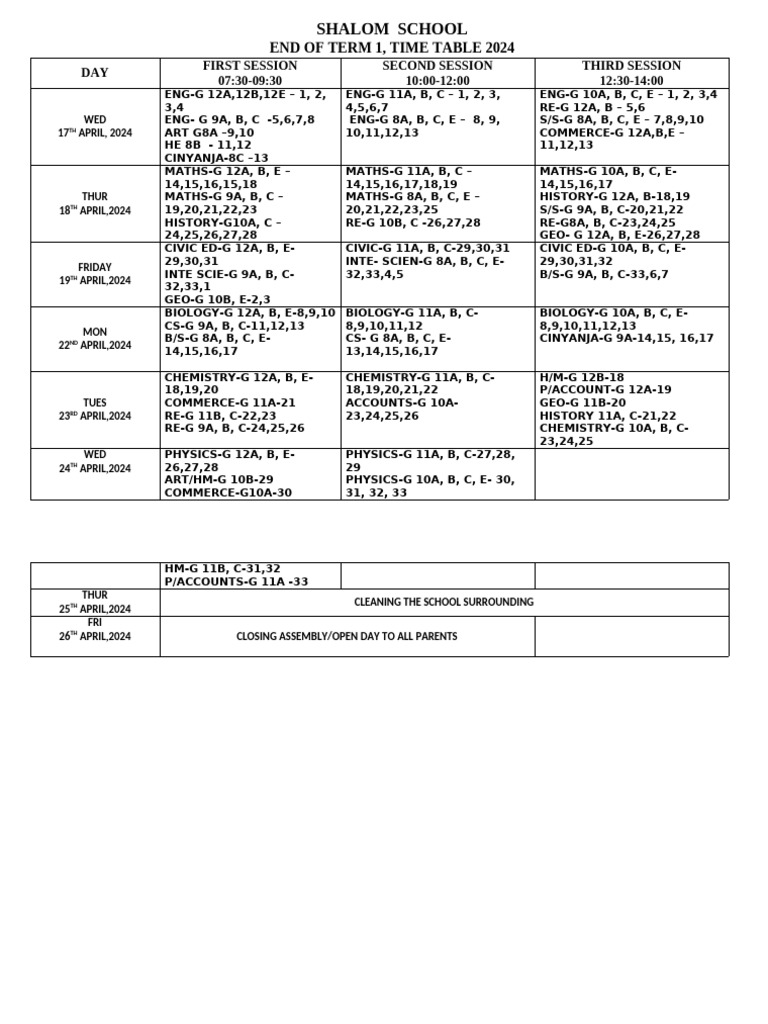 Shalom School End of Term Time Table Invigilation List Final | PDF