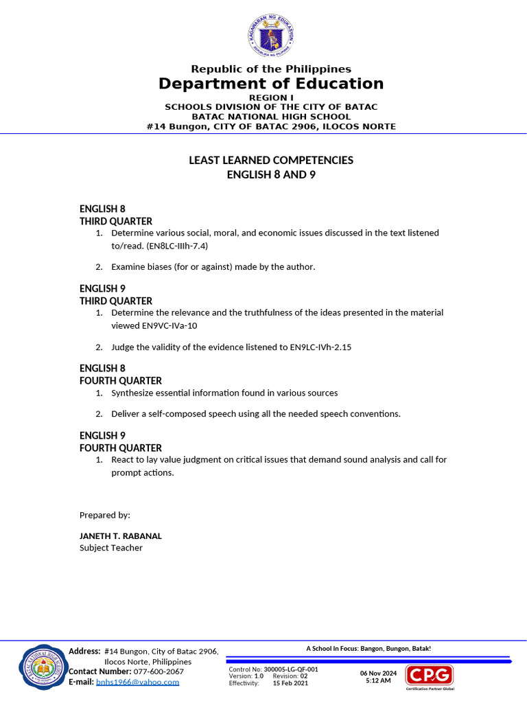 English 8 & 9 Competencies Guide | PDF