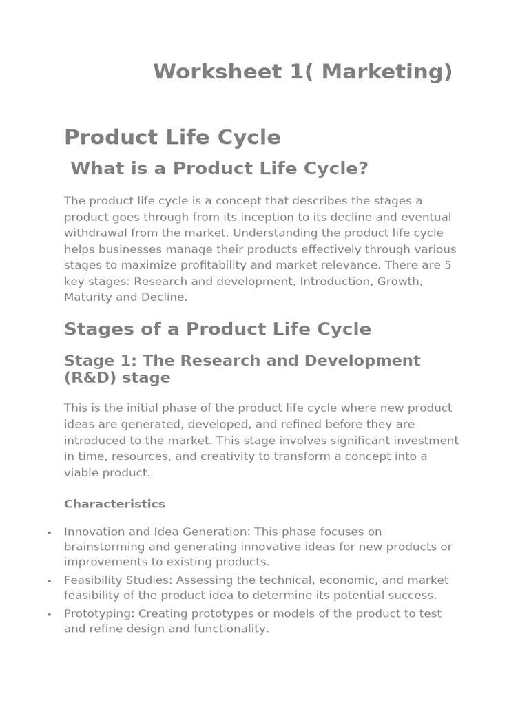 Worksheet 1 Product Life Cycle | PDF | Marketing | Financial Markets